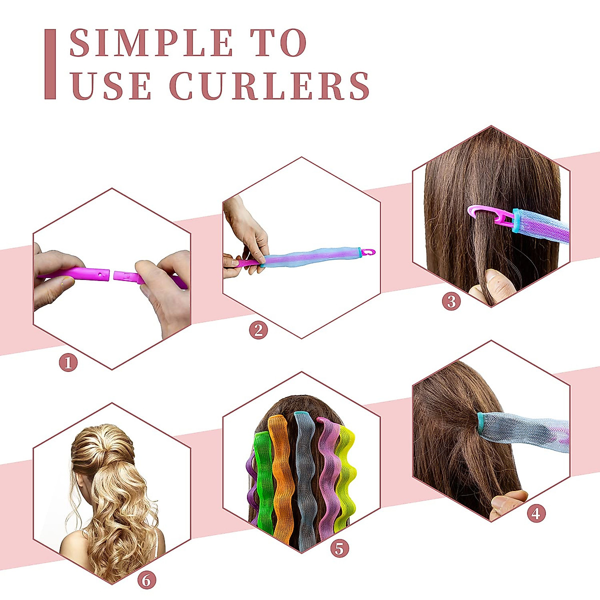 Essenergi 30pcs Heatless Hair Curlers Rollers Wave Curls Styling Kit with 2 Sets Styling Hooks,No Heat Spiral Curlers for Short and Medium Hair(12 Inch/ 30 cm)