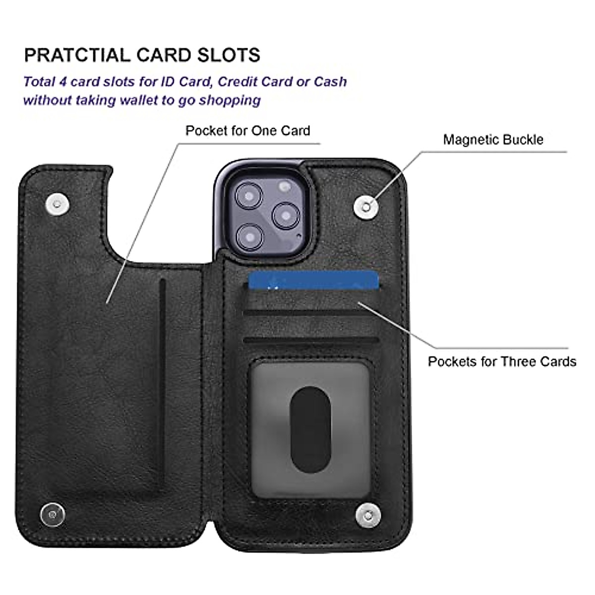 MicrKindom Flip Leather Wallet Case for iPhone 12 Pro/12 - Card Holder Kickstand Phone Case for Women, Personalized Picture Text Double Magnetic Buttons Shockproof Case (Black Leopard - All Black)
