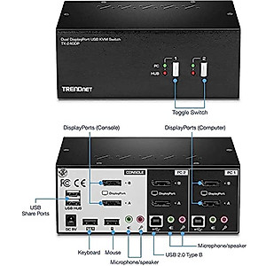 TRENDnet 2-Port Dual Monitor DisplayPort KVM Switch with Audio, 2-Port USB 2.0 Hub, 4K UHD Resolutions Up to 3840 x 2160, Connect Two DisplayPort Monitors, Dual Monitor KVM Switch, Black, TK-240DP