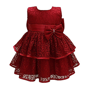 Glamulice Red Baby Flower Girls Dress Outfit Lace Infant First Birthday Outfit Wedding Bridesmaid Party Christmas Dresses 6-12 Burgundy Newborn Formal Holiday Ball Gown Daughters Photo Shoot Event 6M