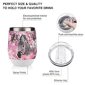 Zebra in Cherry Flowers Funny Wine Tumbler 12 Oz Stainless Steel Insulated Mug Double Wall Water Cup with Lid