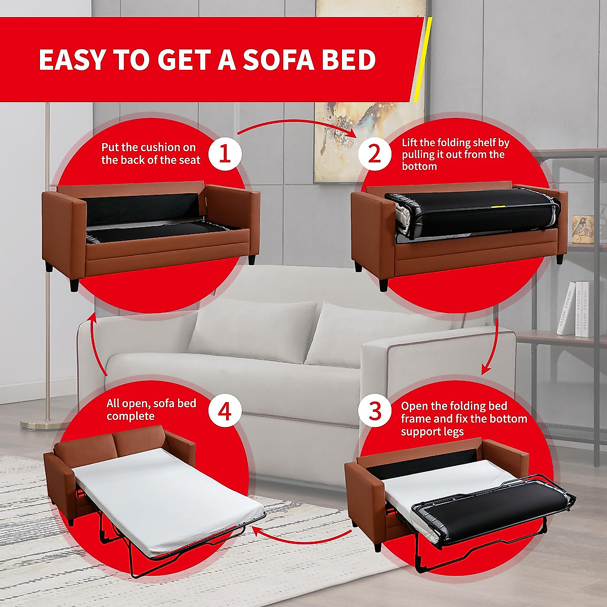 MUZZ Pull Out Couch Queen, Modern Leather Sleeper Sofa Bed with Foldable Foam Matress, 2 in 1 Pull Out Sofa Bed for Living Room, Apartment, Office (Queen/Cognac)