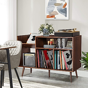 QHITTY Record Player Stand, Mid-Century Modern Vinyl Record Storage Cabinet Table with Wood Legs, Turntable Stand Record Holder Holds Up to 300 Albums for Living Room, Bedroom