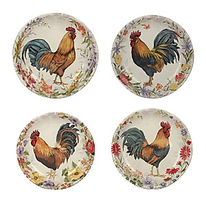 Certified International Floral Rooster 38 oz. Soup/Pasta Bowls, Set of 4 Assorted Designs, Multicolor