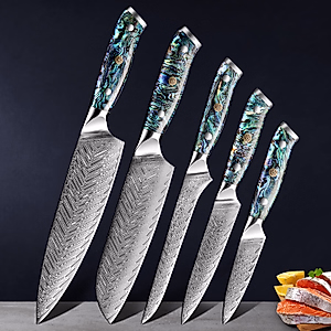SENKEN Damascus Steel Kitchen Knife Set - Umi Collection - 67-Layer Japanese VG10 Steel, Real Deep-Sea Abalone Shell Handle, Chef's Knife, Santoku, Paring, Fillet, Utility (5-Piece Damascus Knife Set)