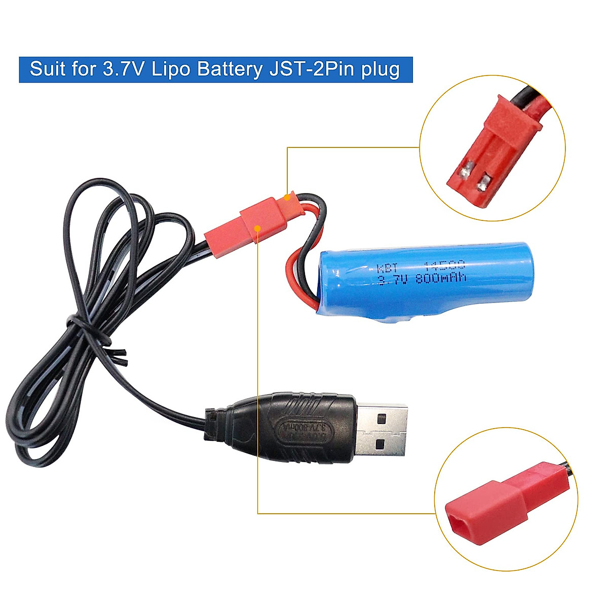 KBT 2-Pack JST-2P USB Charger Cable for 3.7V Li-ion RC Car Battery, 800mA Charging Speed Compatible for 3.7V RC Car Battery