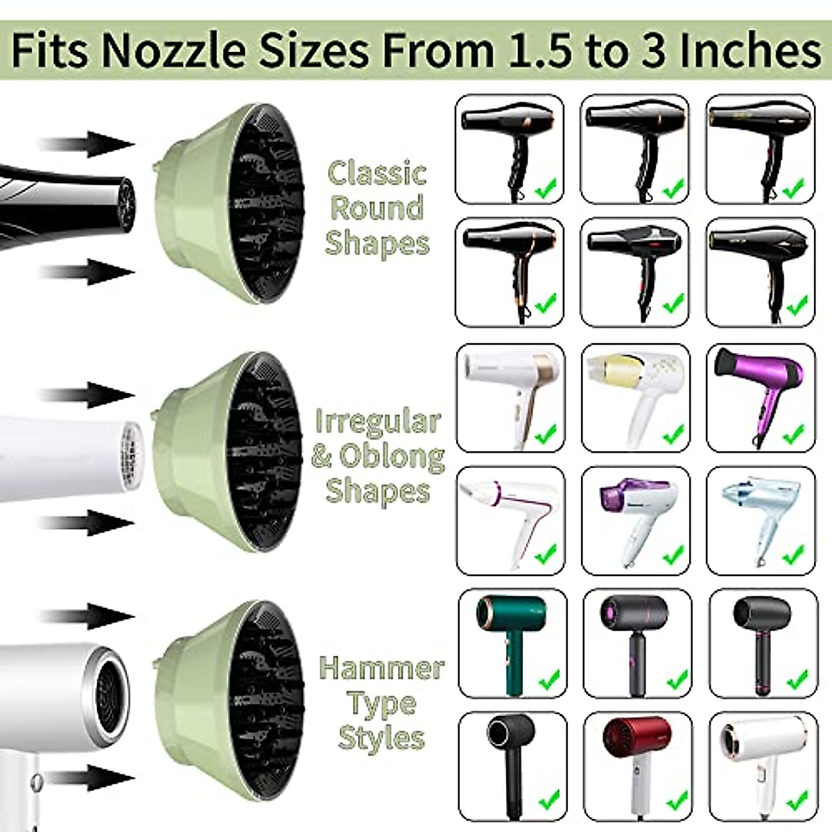 Universal Hair Diffuser Portable Hair Dryer Attachment for Blow Dryer Nozzles from 1.5 to 3.0 inch Diameter with Shampoo Brush (Green)