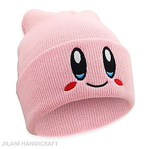 JILANI HANDICRAFT Kir-by Beanies hat Lovely face Embroidery Winter Knitted Hat Bonnet Cap Girls Boys Skiing Warm Unisex (Pink)