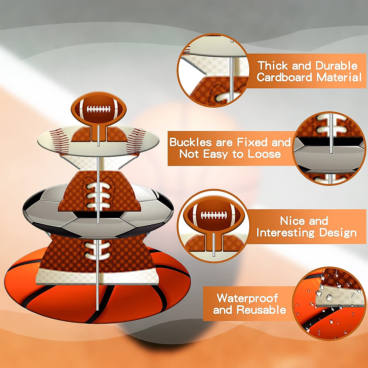 Sports Theme Party Cupcake Stand Decorations, 3 Tier Sports Theme Party Cupcake Tower Basketball Football Baseball Soccer Birthday Party Table Decor