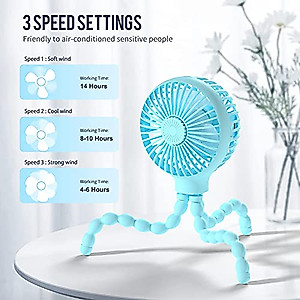Stroller Fan Upgraded Handheld Personal Fan Battery Operated Mini Portable Fan with LED Light Aromatherapy, Flexible Tripod Clip On Fan with 3 Speeds Versatile Fan for Car Seat Crib Bike Desk (Blue)
