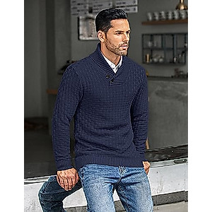 COOFANDY Men's Shawl Collar Sweaters V-Neck Relaxed Fit Basket Knitted Pullovers Navy Blue
