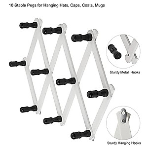 CILXGQLN 2 Pack Expandable Coat Rack Hat Hangers for Wall, Accordion Wall Hangers, Wooden Hat Rack Wall Mounted, 10 Peg Hooks for Keys, Hat, Bags, Coats, Towels, Umbrella, Necklaces, White