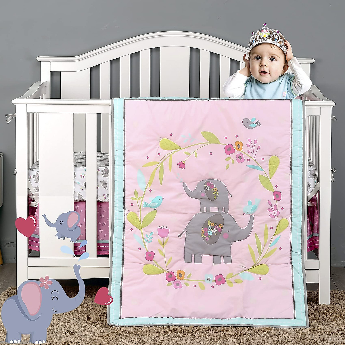 Brandream Baby Girl Crib Bedding Set Pink Elephant Safari Animal Nursery Bedding with Elephant Floral 3D Design, 3 Piece Comforter Set, Fitted Sheet,Crib Skirt