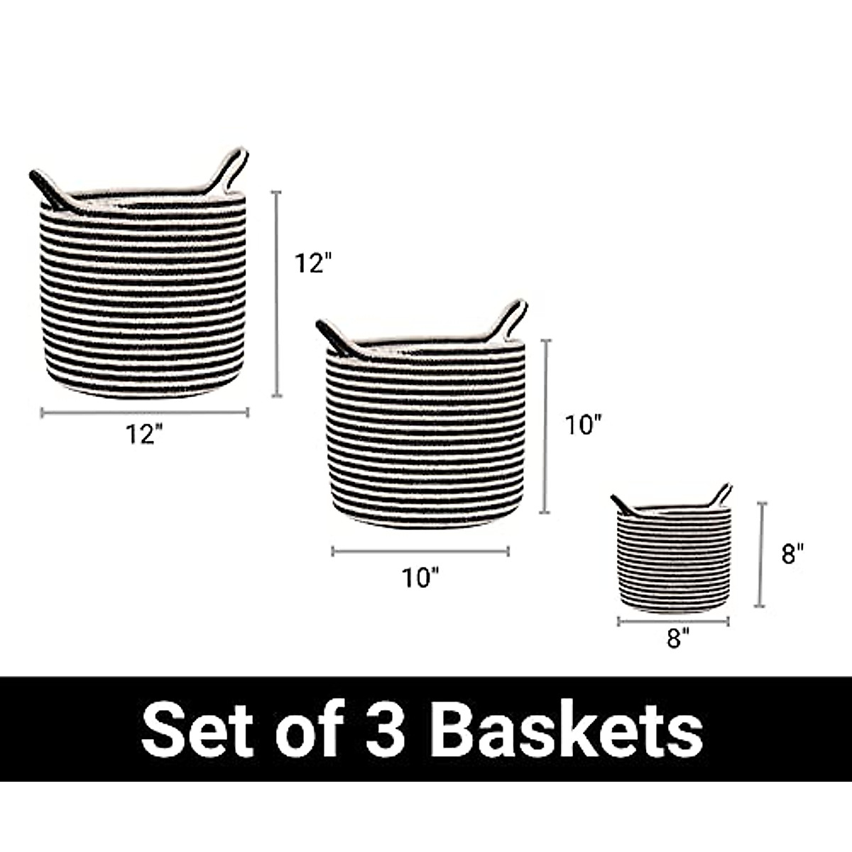 Super Area Rugs Farmhouse Plant Basket/Planter Multi Purpose Open Top Bin with Handles, Cotton Rope Basket, 8-inch, 10-inch and 12-inch Black & White