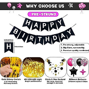 Black and Hot Pink Birthday Decorations, Happy Birthday Decorations,Happy Birthday Banner with LED light Gold Metallic Tinsel Foil Fringe Curtains Stars Confetti Balloon Birthday Decorations for Women Girls Boys Men