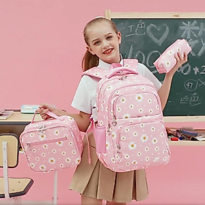 goldwheat Daisy Printed Backpacks With Lunch Pack Pencil Case 3pcs, Water Resistant Lightweight Bookbag For Middle School (Pink)