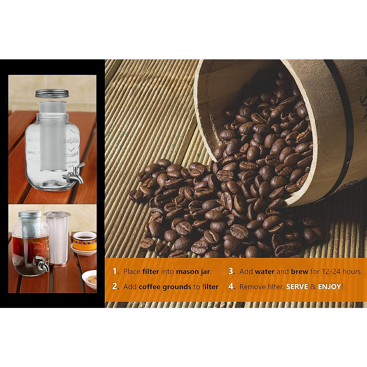 Cold Brew Coffee Filter for 1 Gallon Mason Jars, Made with Stainless Steel, Fine Mesh Filter for Large Batch Cold Brewing, 1 Gallon Mason Jar Filter Crafted to Make Iced Coffee & Tea and Sun