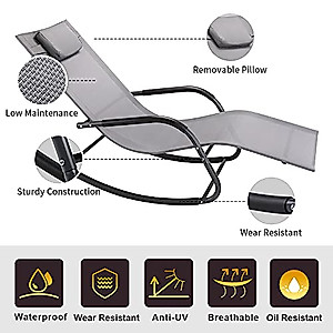 Wostore Rocking Lounger Patio Chaise Sunbathing Chair with Recliner Movable Sleep Bed Included Pillow and Breathable Texteline Farbic-Grey