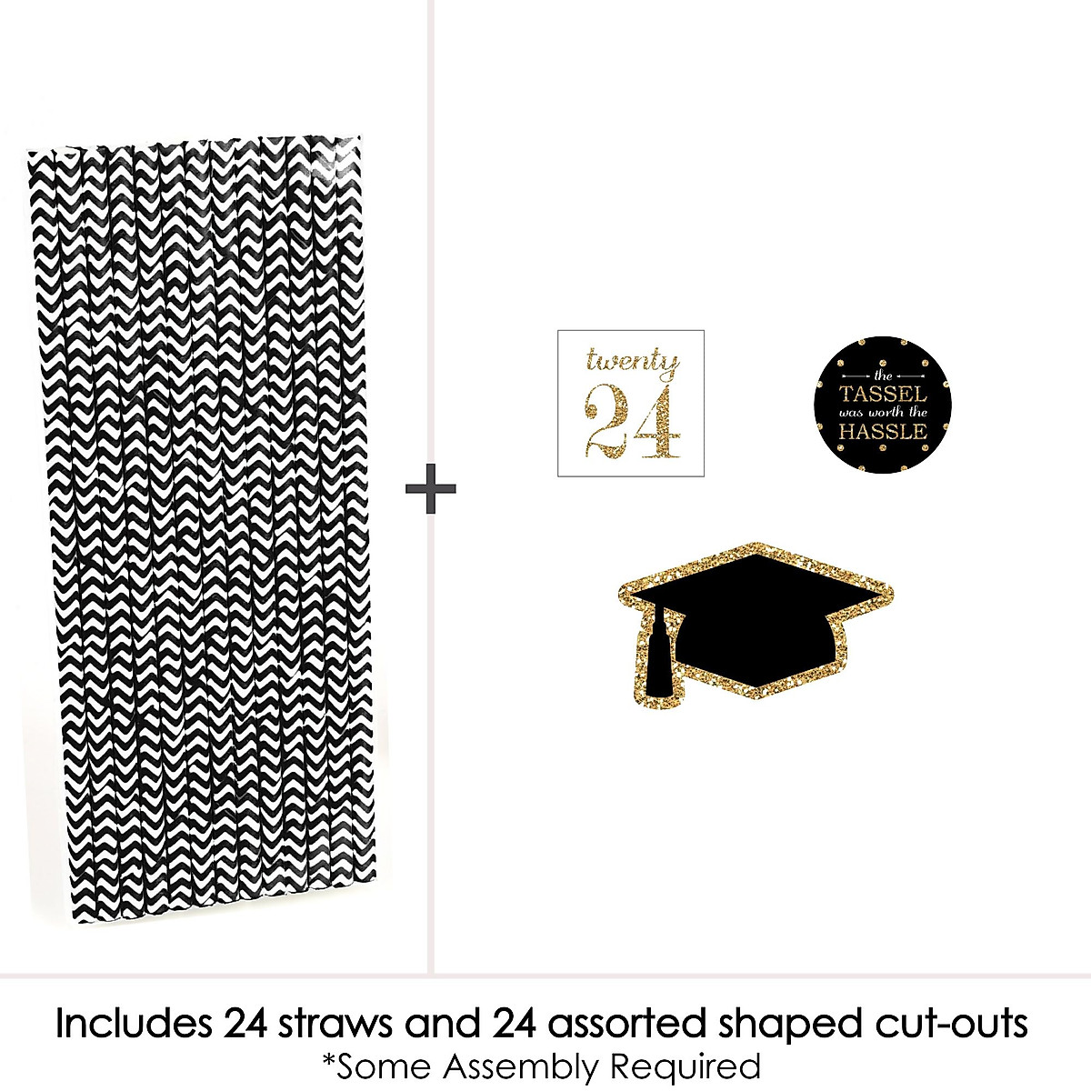 Big Dot of Happiness Gold 2024 Graduation Paper Straw Decor - Party Striped Decorative Straws - Set of 24
