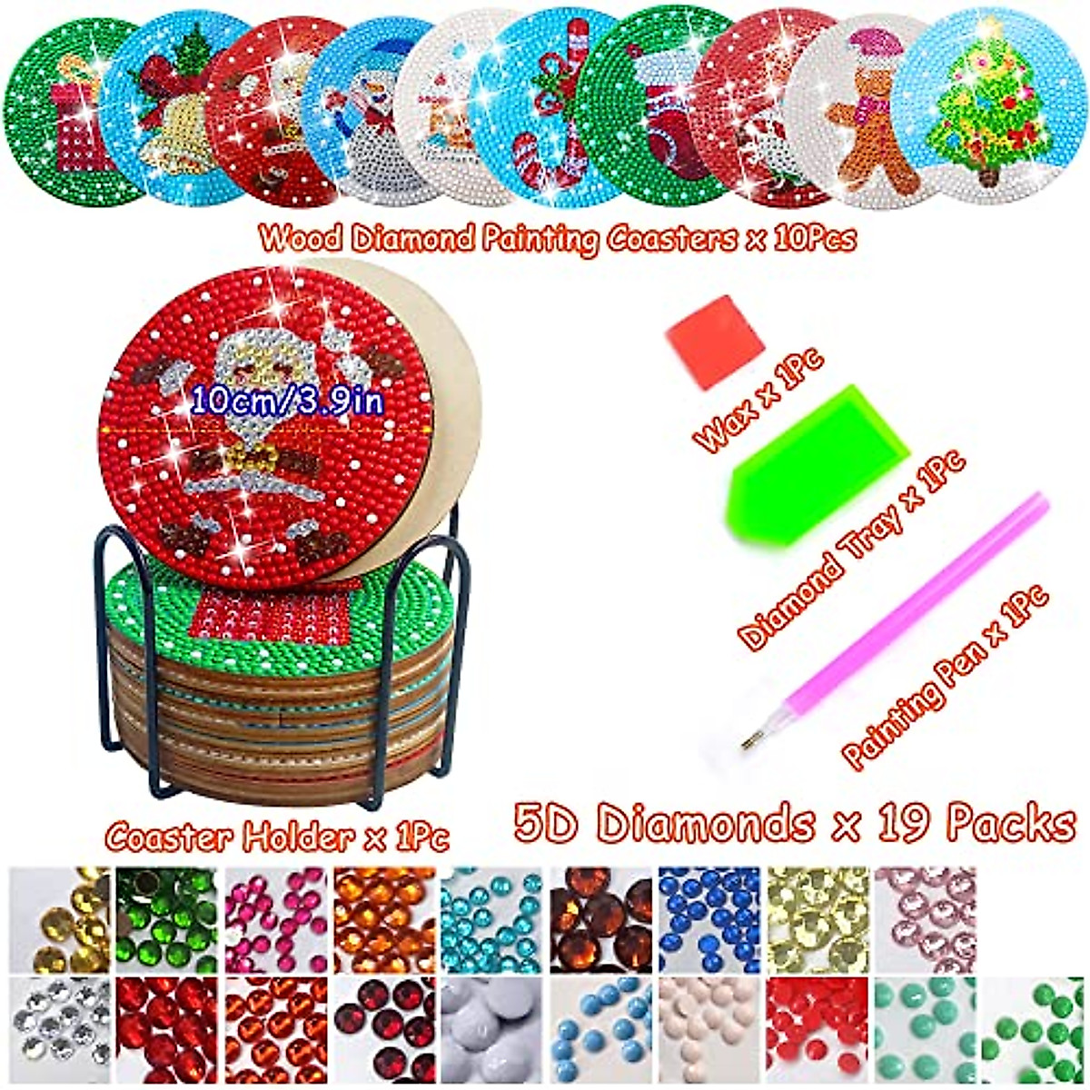 woclsnow 10 Pieces Diamond Painting Coasters with Holder, 5D Christmas Diamond Art Kits for Adults Kids, DIY Christmas Diamond Painting Coasters with Holder for Christmas Home Decor