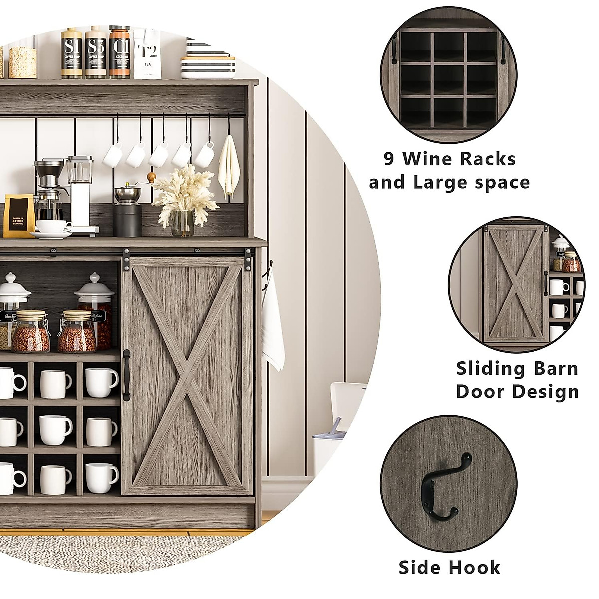 4ever2buy Farmhouse Coffee Bar Cabinet with Sliding Barn Doors, 50 Inch Coffee Bar Hutch with 6 Hooks, Gray Coffee Bar with 9 Mug Rack, Hutch Cabinet with Storage for Living Room