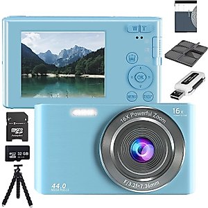 eDealz 44MP Digital Camera Compact Point & Shoot Camera, 16X Zoom, 32GB SD Card, Card Reader 6" Tripod and 6PC Card Holder Kids Camera 2.4" Screen, Vlogging Camera for Teens, Kids, Adults (Blue)