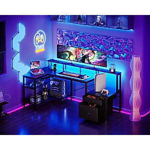 AODK 57 Inch L Shaped Gaming Computer Desk with USB Charging Ports & Power Outlets, Home Office Writing Corner Desk with Drawers and Monitor Stand, Study Table with LED Lighting, Carbon Black