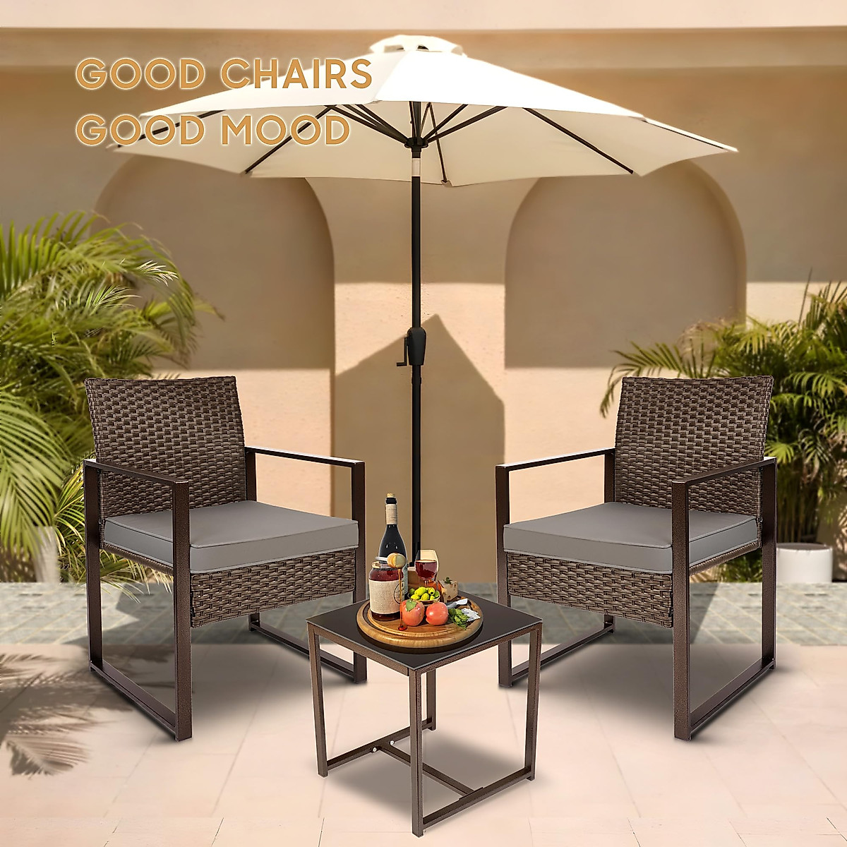 YIYAN 3 Pieces Outdoor Furniture Set Patio Rattan Wicker Chairs & teatable,Lawn Garden Balcony Backyard,with Washable Cushion (Gray)