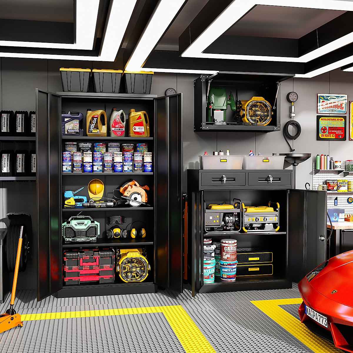 Greenvelly Metal Garage Storage Wall Mounted Cabinet with Flip Up Door, Black 20" H Hanging Steel Cabinets with Up-Flip Doors, Tool Wall Cabinets for Garage,Home Office, Kitchen (31” W x 13” D)