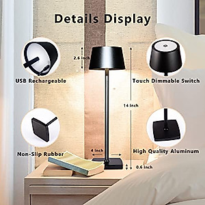 MJYP.in Cordless Table Lamp, USB Rechargeable Portable Battery Powered LED Desk Lamp, 5200mAh Battery, Dimmable Touch Lamp, Metal Shell, for Outdoor/Restaurant/Bedroom/Bars (Black)