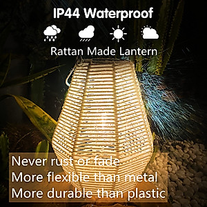 Rattan Outdoor Solar Lantern - Waterproof Hanging Table Solar Lanterns - White Woven Decorative Solar Lamp Lights with Handle for Patio Yard Garden Decoration (Edison Bulb)