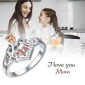POPKIMI Mom Ring Gifts for Mom Best Gifts for Mom 925 Sterling Silver Jewelry I Love You Mom Ring Rose Flower Love Heart Ring for Women (9)
