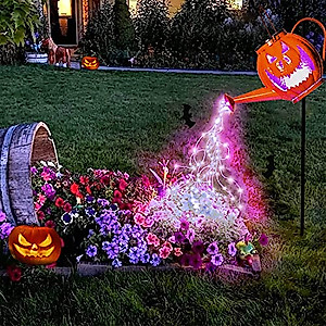 yeuago Halloween Pumpkin Lights Solar Watering Can with Purple Lamp Beads,Fairy Garden Solar Decoration, Metal Waterproof Garden Ornament Mother's Day Gift Table Patio Yard Pathway Party