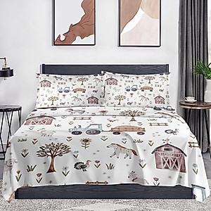 WeCozy Twin Size 3 Pcs Bed Fitted Sheet Set with 16" Deep Pocket, Animal Farm Tractor Flat Sheet Set for Kids and Adults, House Tree Pig Bedding Set with Pillowcase for Bedroom Decor