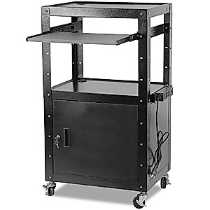 AV Cart, Presentation Cart Station, Height Adjustable Media Cart with Locking Cabinet & Sliding Keyboard Tray, 3 Shelves Rolling Projector Cart on Wheels