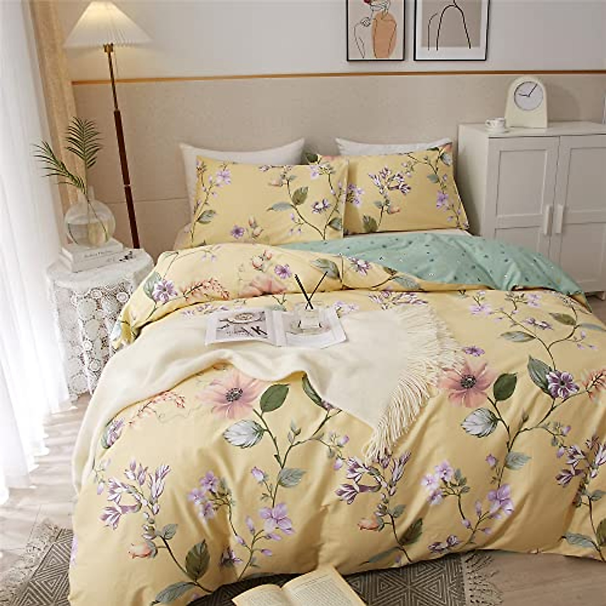 PinkMemory Queen Duvet Cover Yellow Garden Floral 100% Cotton,Reversible Yellow and Green Flower Pattern Bedding Duvet Cover Set Full Queen with Pillowcases Soft Durable Zipper-No Comforter Insert