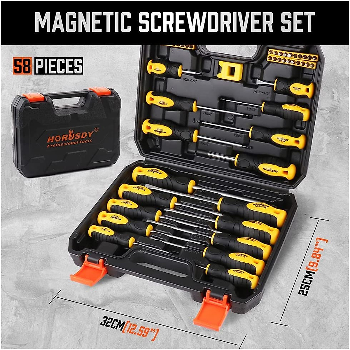 HORUSDY 58-piece Magnetic Screwdrivers Set with Case, Include Phillips, Slotted, Pozidriv, Square, Hexagon, Torx and Magnetizer demagnetizer Screwdriver Set for Tools for Men