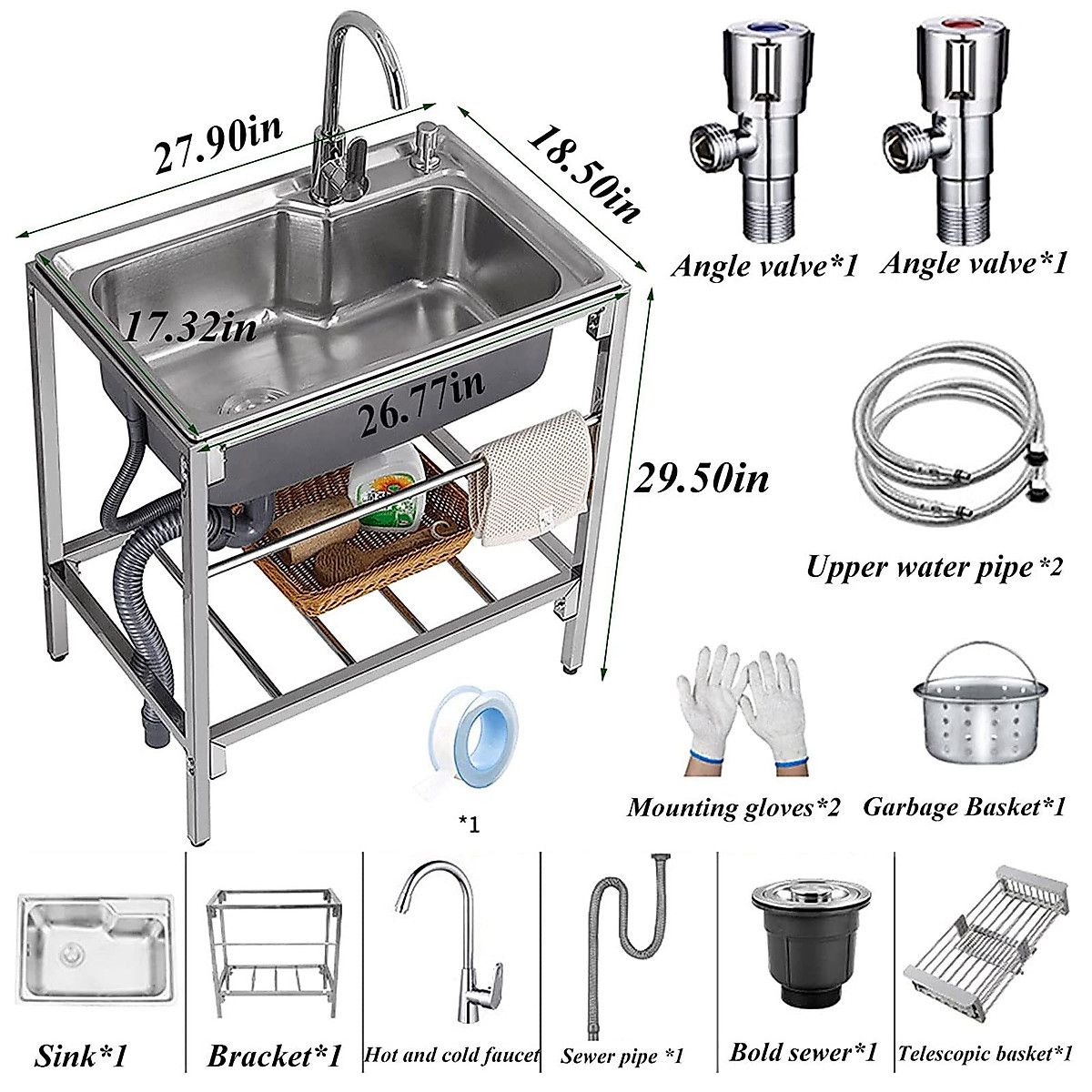 Free Standing Utility Sink Single Bowl Stainless Steel Sink w/Cold and Hot Water Pipe Faucet/Storage Shelve for Outdoor Garage Commercial Restaurant Kitchen Laundry Room 26.7"x17.3"