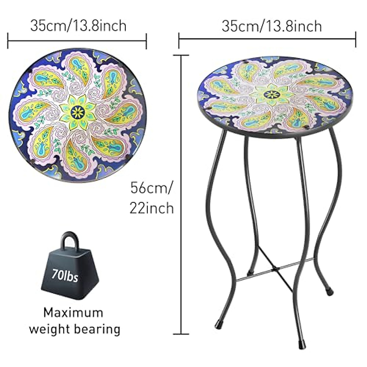 Paytonture Patio Side Table Outdoor Mosaic Table Accent Coffee Table,Plant End Table Small Porch Purple Table Indoor,Round Glass Balcony Small Porch Plant Stands for Garden Patio Living Room 14 Inch