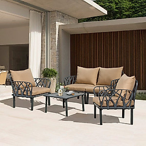 Domi Outdoor 4 PCS Patio Conversation Set with Removable Grey Cushions, Plastic Dining Table and Chairs Dining Set for Garden Lawn Yard