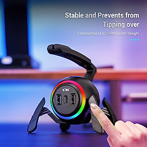 KIWIFOTOS Mouse Bungee RGB Gaming Mouse Cord Holder Controller, Upgraded Flexible Cable Management Smart RGB LED Lights 2 Port USB Hub & 1 Type-C, Spider Mouse Wire Holder