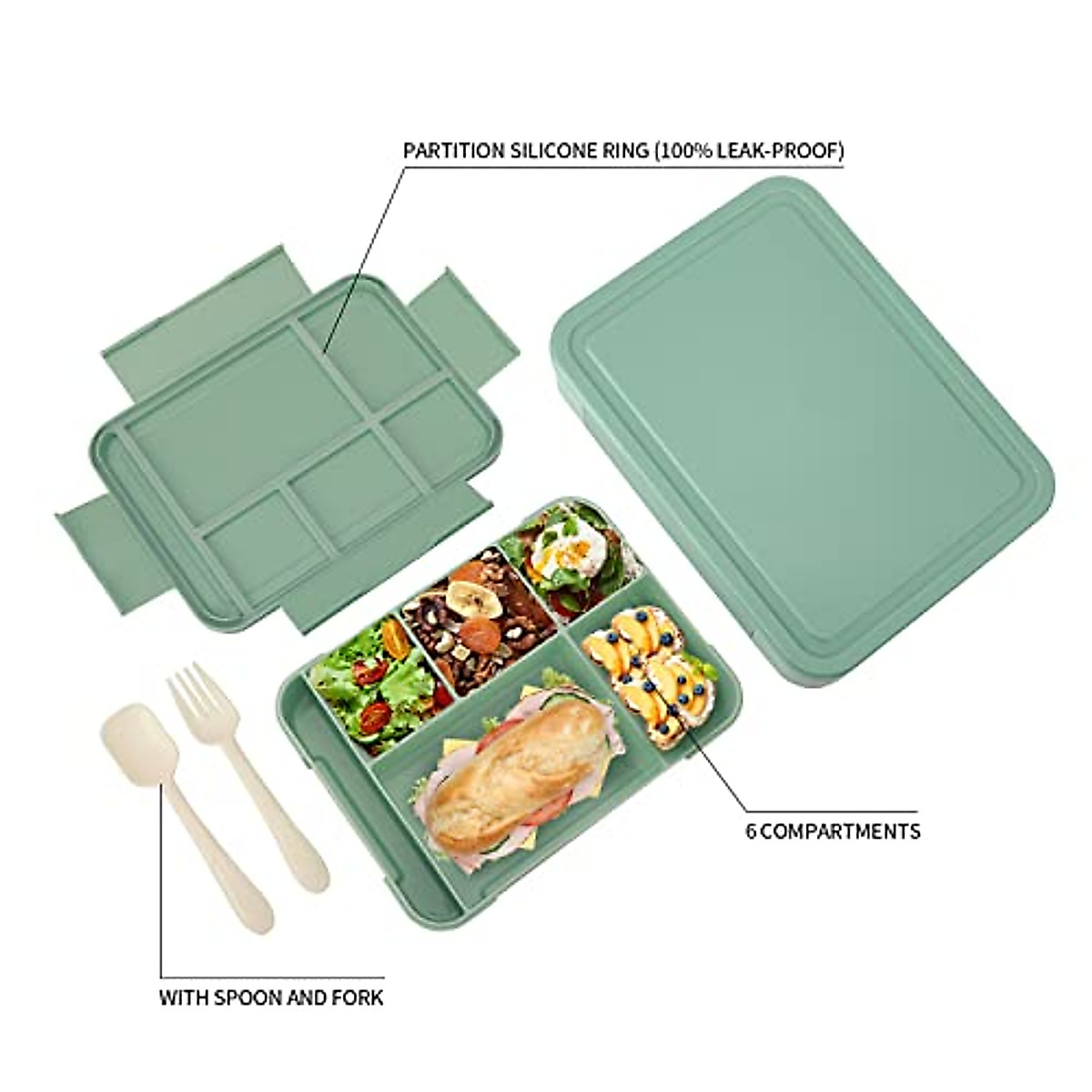 Vensp Bentobox,Kid Lunch Box, Bento Box Adult Lunch Box,Lunch Box Container for Kids/Adults/Toddler,1330ml-6 Compartments&Utensiles, Leak Proof,Microwave/Dishwasher/Refrigerator Safe(Green)