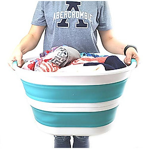 SAMMART 34L(8.98 gallon) Collapsible Plastic Laundry Basket-Oval Tub/Basket-Foldable Storage Container/Organizer-Portable Washing Tub-Space Saving,Water capacity 29L (7.66 gallon) (1, Bright Blue)