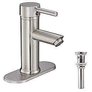 Bathroom Sink Faucet Brushed Nickel Single Hole One Handle Aerator Spout Sink Vanity Bath Lavatory Commercial Basin Faucet with Deck Plate Include PoP Up Drain with Overflow