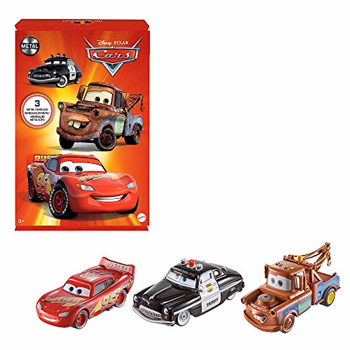 Mattel Disney Cars Toys, Radiator Springs 3-Pack of Die-Cast Toy Cars & Trucks with Lightning McQueen, Mater & Sheriff
