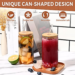 HONFAA 4 Pack Glass Cups with Lids and Straws, 16oz Beer Can Shaped Drinking Glasses, Iced Coffee Glass Tumbler,Cute Cups for Whiskey, Soda, Tea, Water