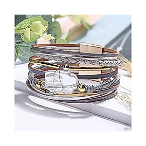 Fesciory Leopard Bracelet for Women, Boho Leather Wrap Multi-Layer Pearl Crystal Bracelet Bangle Jewelry(Gray Leather(Pearl))