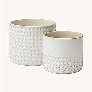 La Jolie Muse Ceramic Planter Flower Plant Pots- 6.7+5.5 Inch Concave Dot Patterned Cylinder Flower Pot W/ Drain Hole for Indoor, Set of 2, Ivory