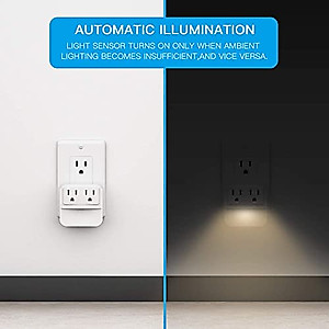POWRUI Plug-in Night Light with 2-Outlet Extender, Warm White LED Nightlight with Dusk-to-Dawn Sensor for Bedroom, Bathroom, Kitchen, Hallway, Stairs, 4-Pack