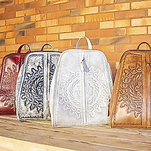 Santiago Sebastian Leathers Ladies Backpack Purse for Women, Genuine Leather, Hand tooled handbag, off white color
